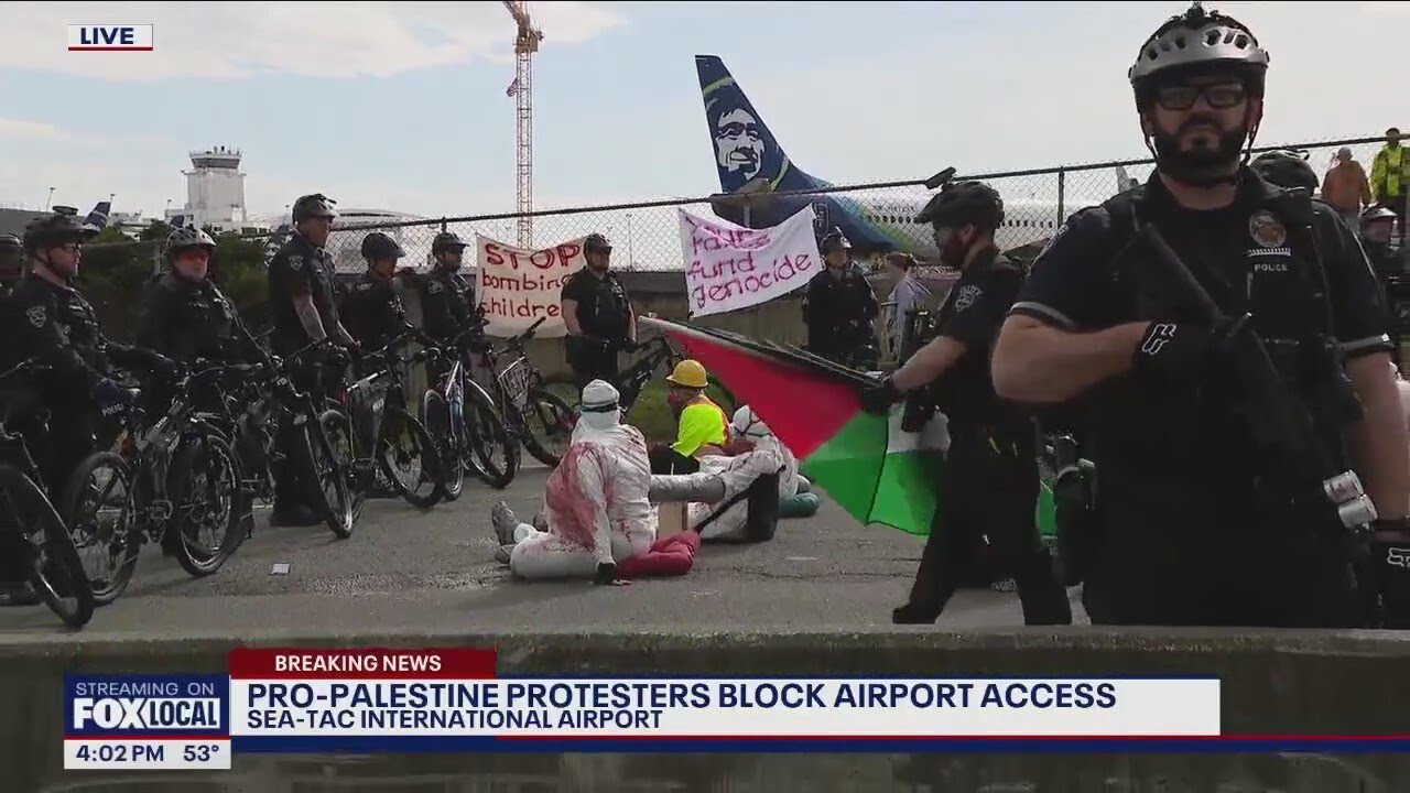 Pro-Palestine protestors block Sea-Tac Airport access | FOX 13 Seattle ...